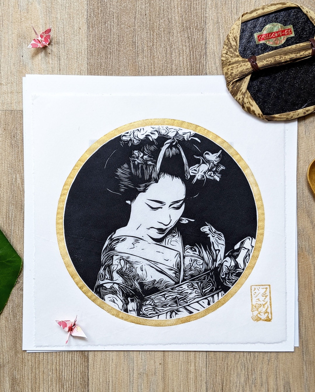Handmade Japanese Linocut japanese Elegance of a Maiko in a Kimono ...
