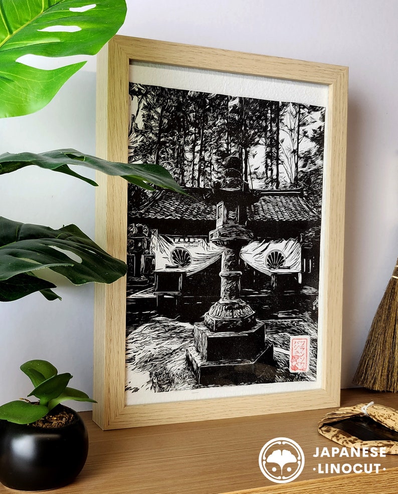 Japanese Handmade Linocut of Okunoin Mao-den Temple of Mount Kurama ...