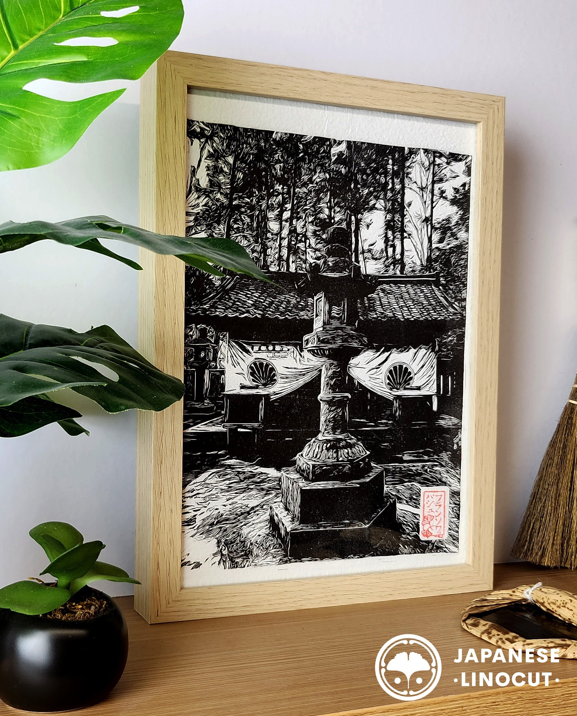 Japanese Handmade Linocut of Okunoin Mao-den Temple of Mount Kurama ...