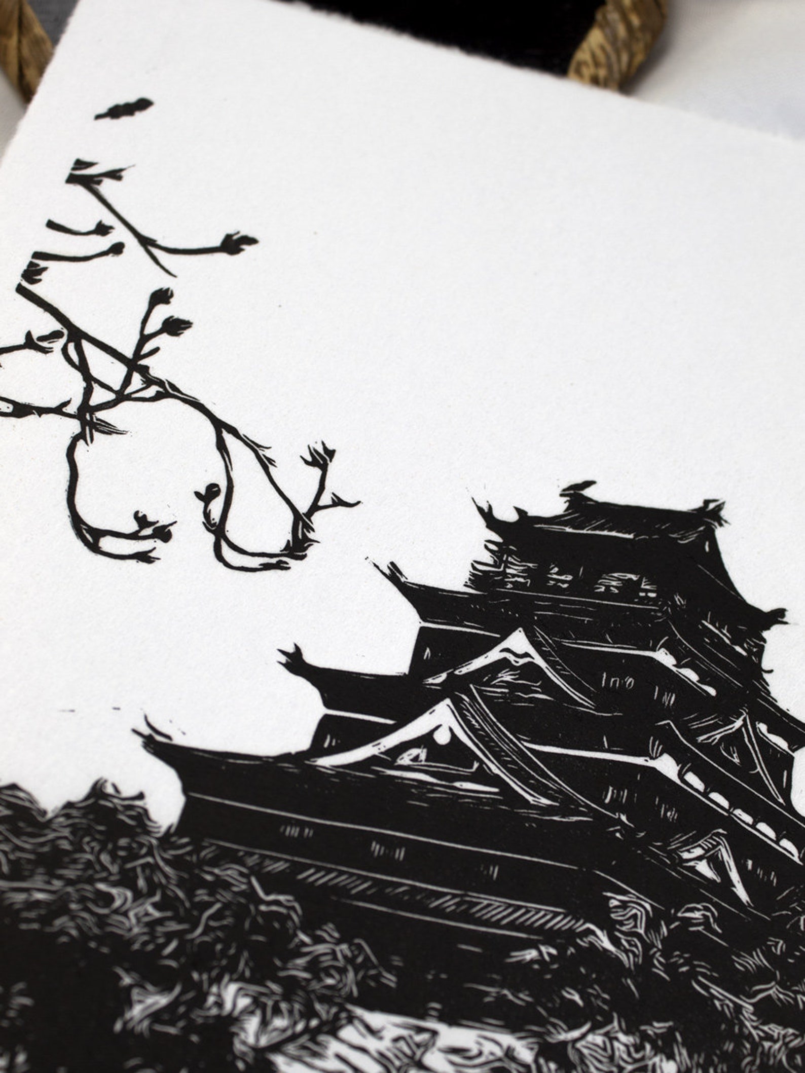 Handmade Japanese Linocut of Hiroshima Castle - Engraved and Printed by ...