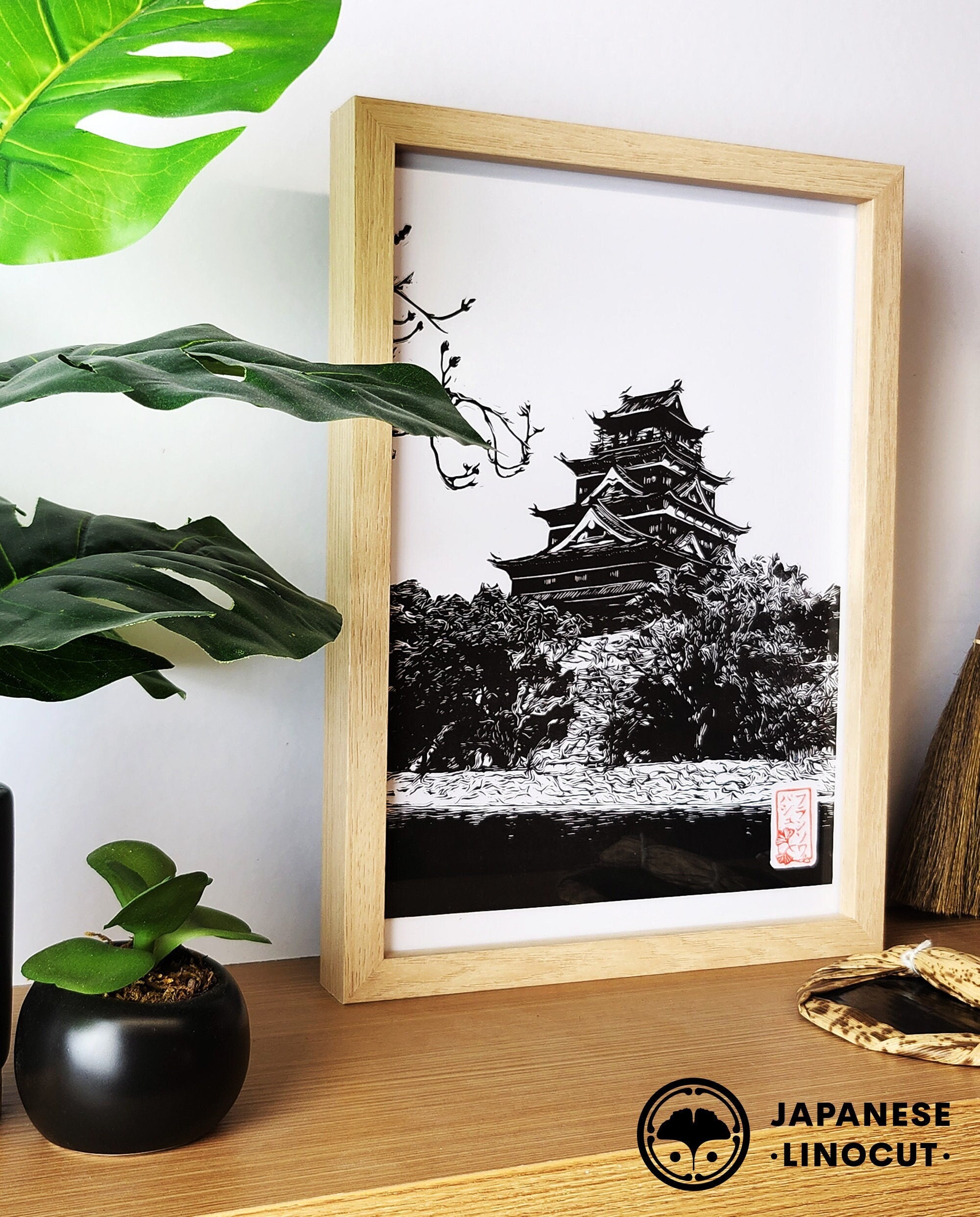 Handmade Japanese Linocut of Hiroshima Castle Engraved and Printed by ...