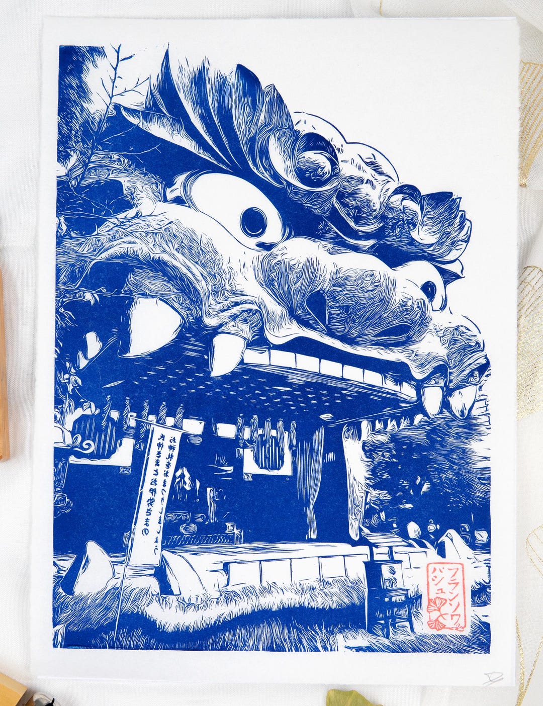 Namba Yasaka Linocut – Japanese Osaka Shrine Print - Etsy
