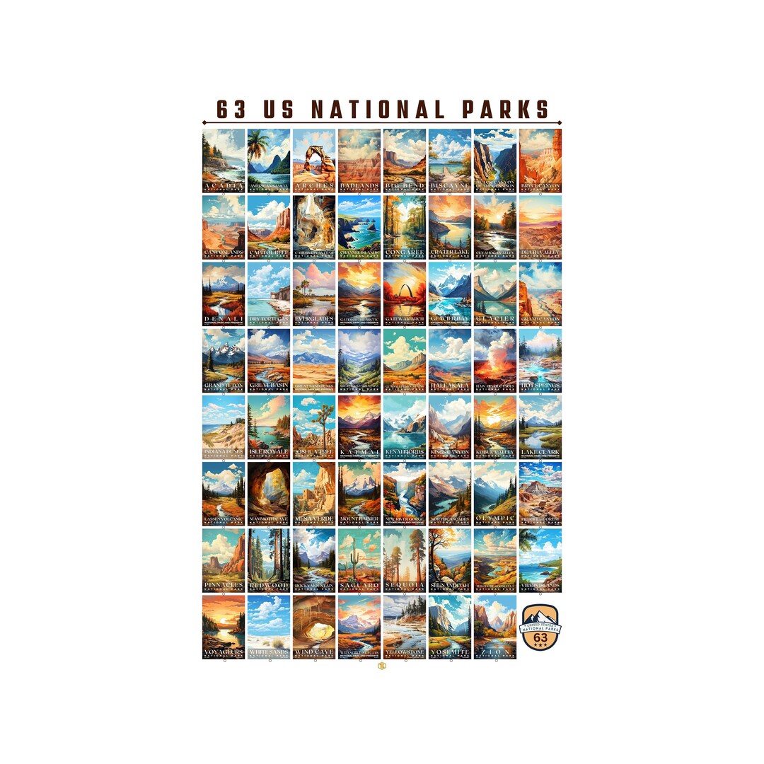 National Park Poster, 63 US National Parks Checklist, National Park ...