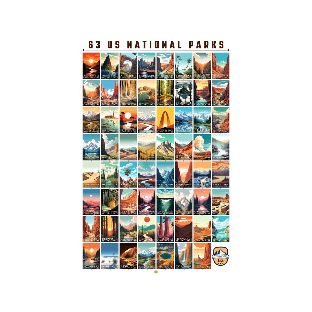 National Park Poster, 63 US National Parks Checklist, National Park ...