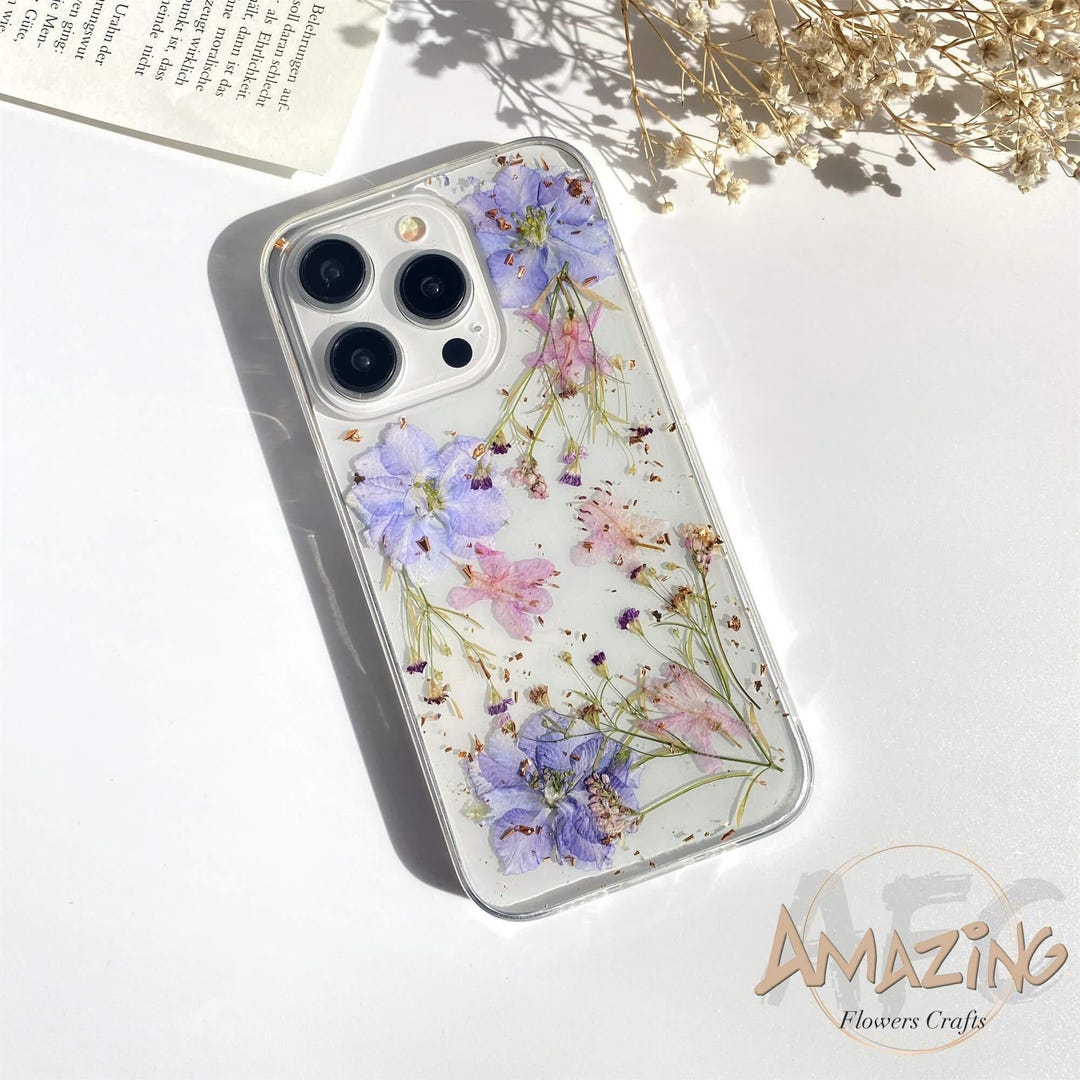 Rose Gold Foil Pressed Purple Flower Phone Case for iPhone 17 16 15 14 ...