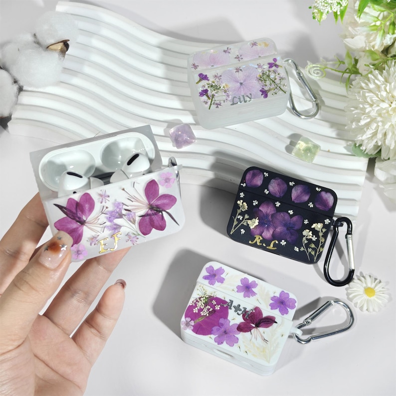 Pressed Dried Purple Flower Cute Airpods Case With Carabiner for ...