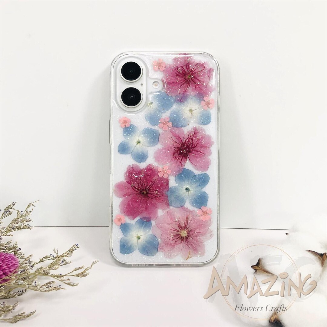 Real Pink Sakura Blue Flower Glitter Phone Case for iPhone 17 16 15 14 ...