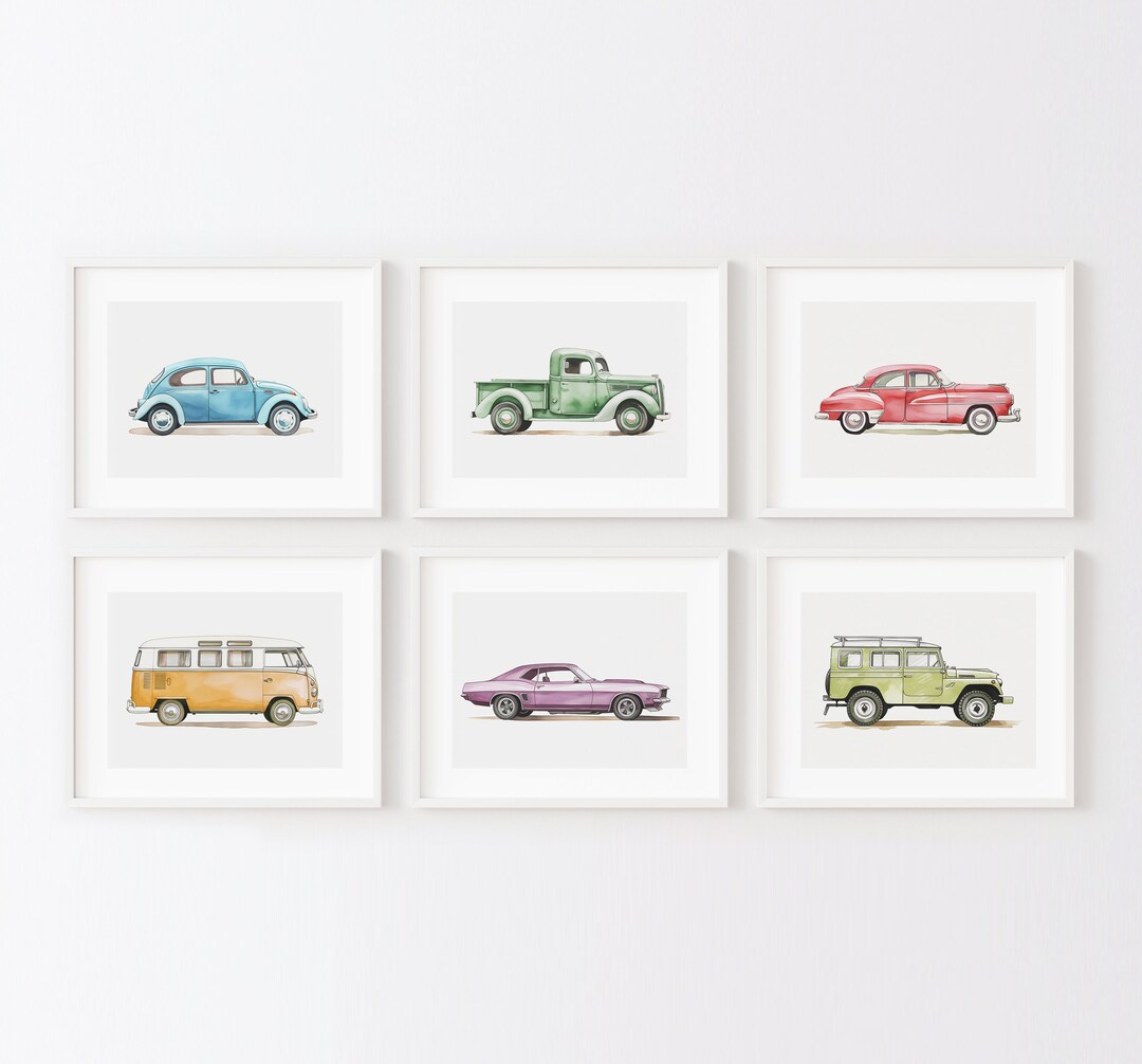 Set of 6 Vintage Vehicle Prints, Retro Car Prints for Boys ...