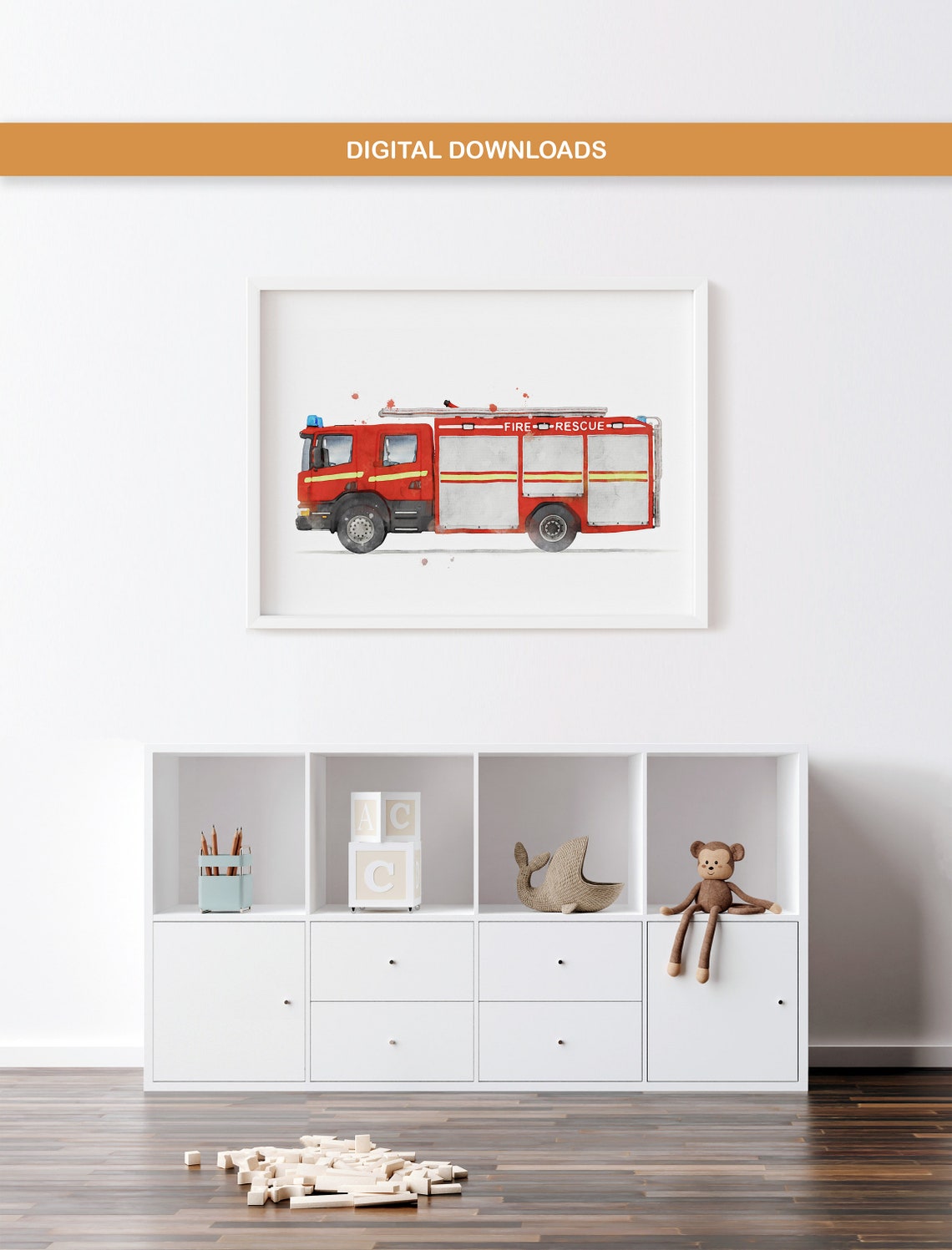 Fire Rescue Truck Print, Fire Truck Poster, Fire Engine Wall Art ...