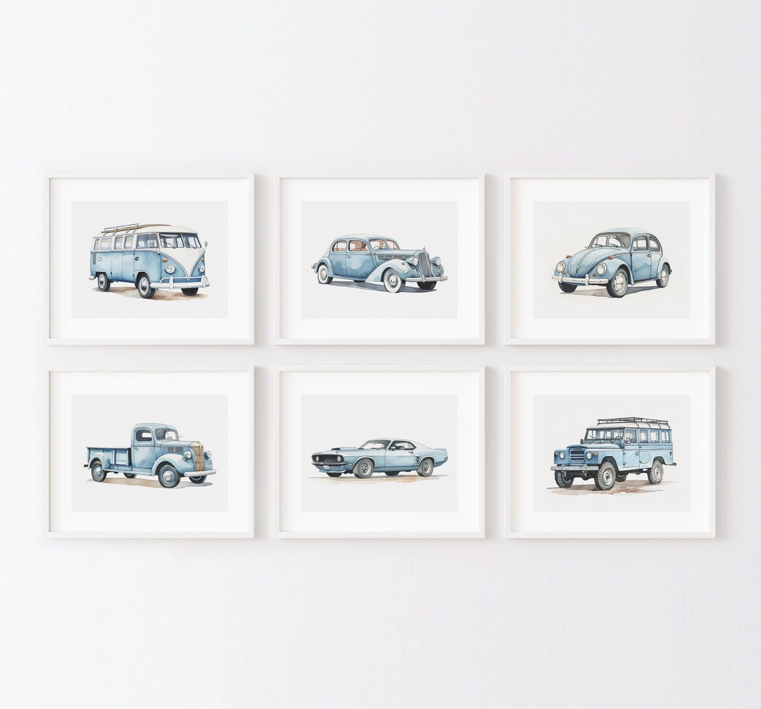 Set of 6 Classic Pale Blue Vehicle Prints, Retro Car Prints for Boys ...