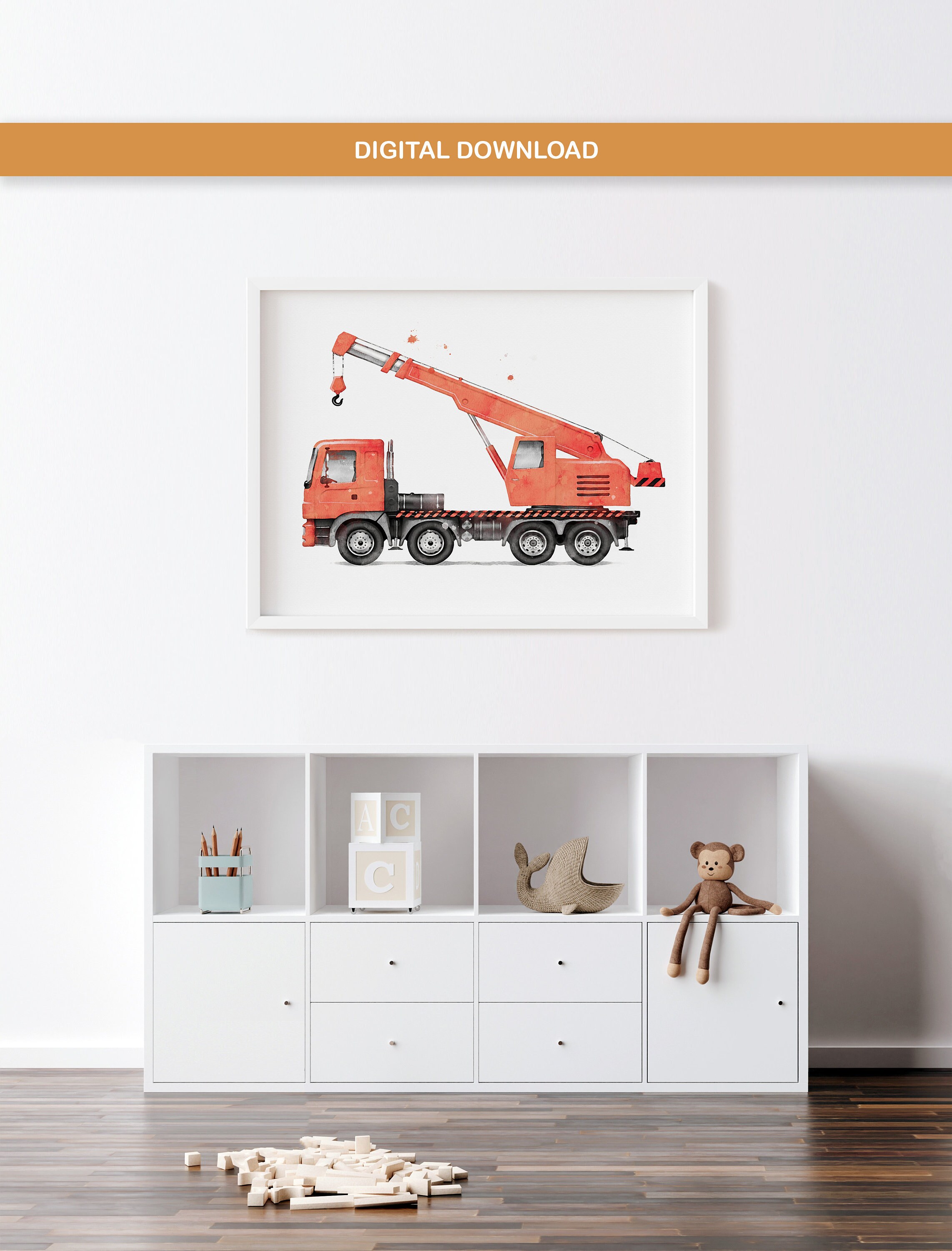 Red Crane Truck Print, Crane Truck Poster, Crane Truck Wall Art ...