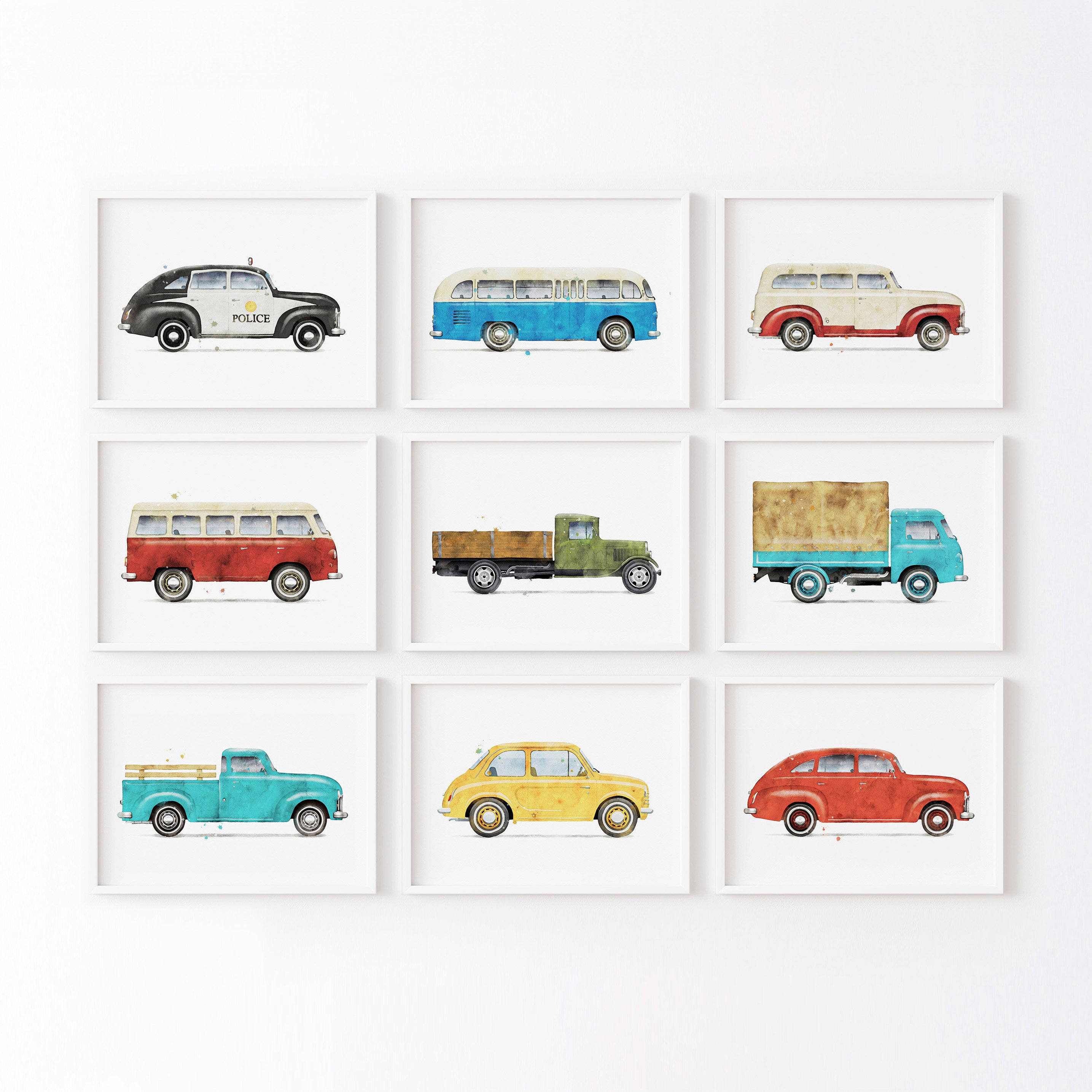 Set of 9 Vintage Vehicle Prints, Car Prints for Boys Room ...