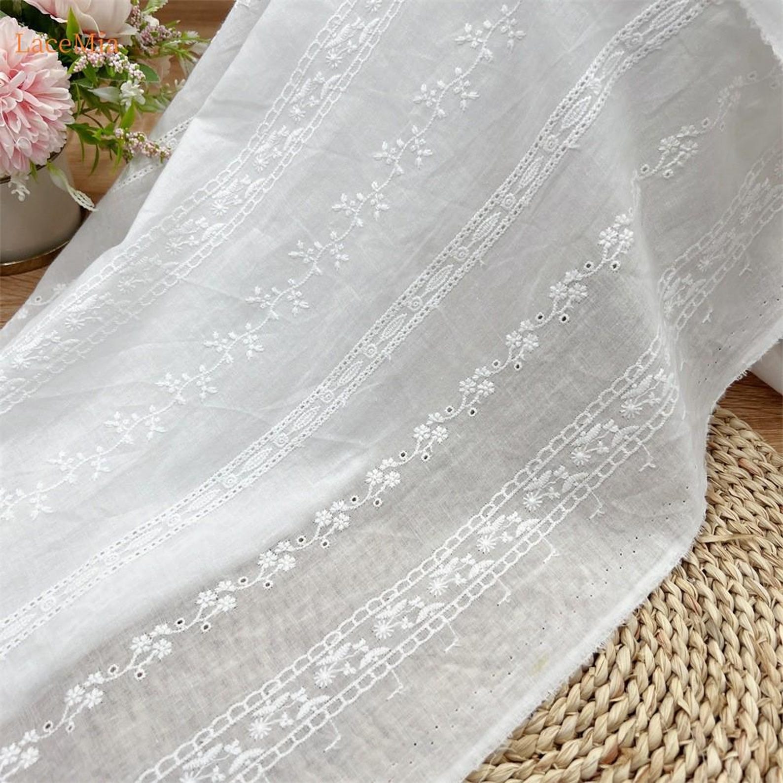 Cotton Fabric, off White Leaves Embroidery Fabric, for Dress, Curtain ...