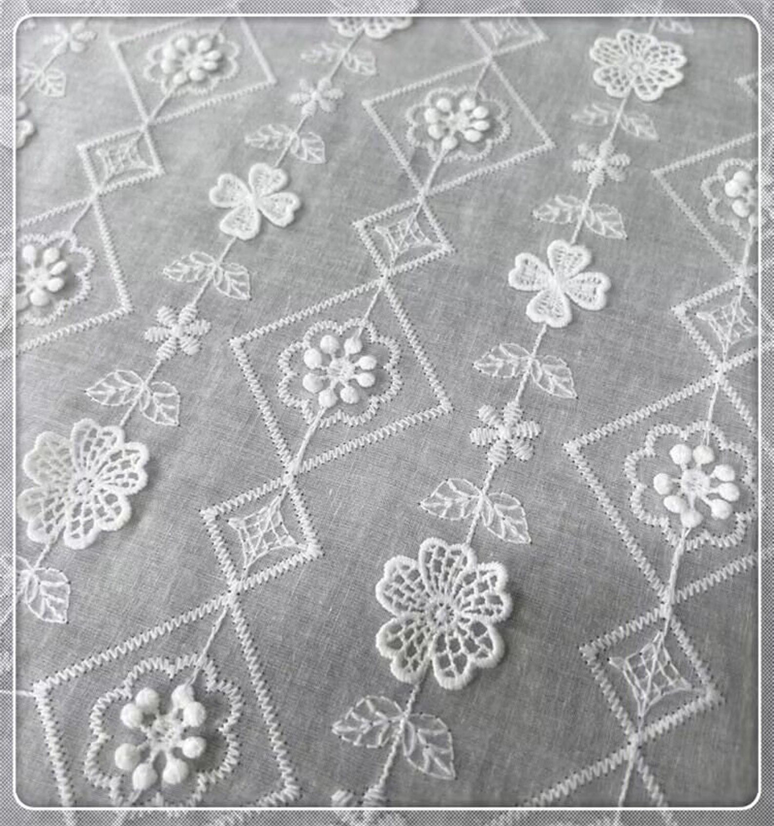 Ecru Cotton Eyelet Lace Fabric With Retro Floral Pattern by - Etsy