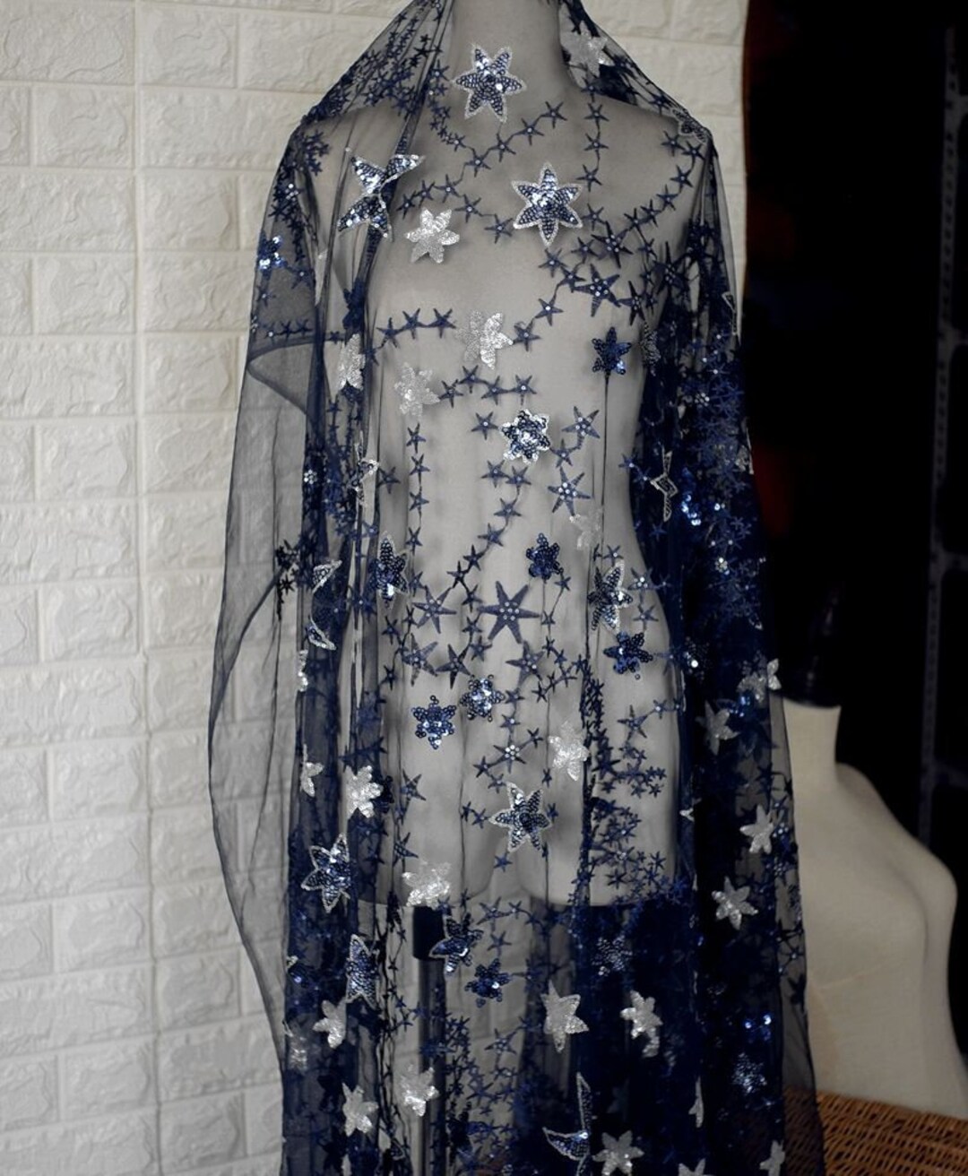 Blue Star Celestial Embroidery Fabric, Soft Sequin Lace Tulle,for ...