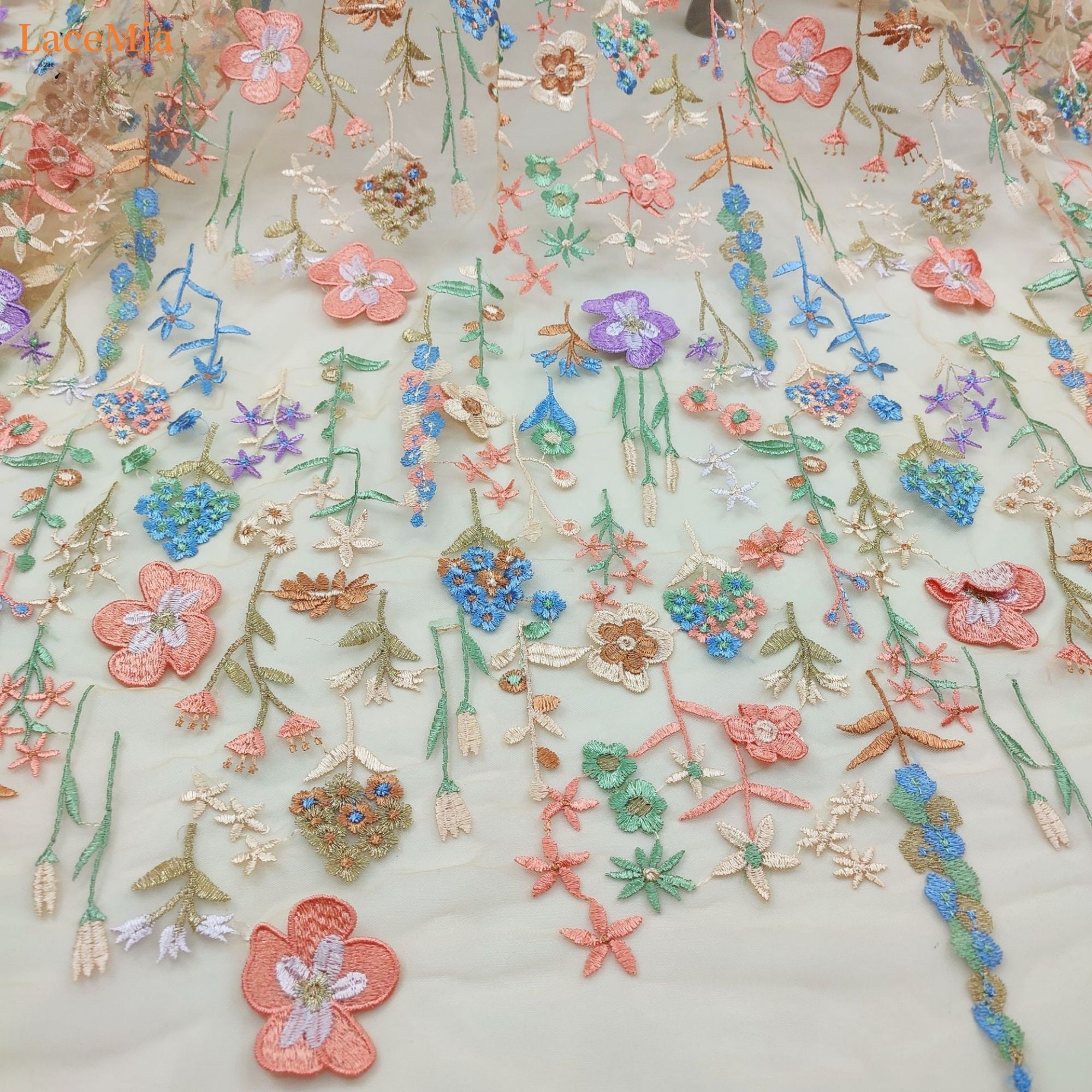 Colorful Dense Flower Leaf Embroidered Apricot Mesh Lace Fabric Floral ...
