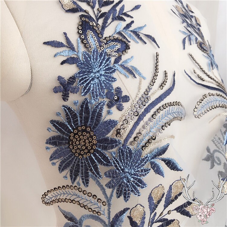 Nave Blue Flower Lace Applique Flower Vine Patch With Sequined ...