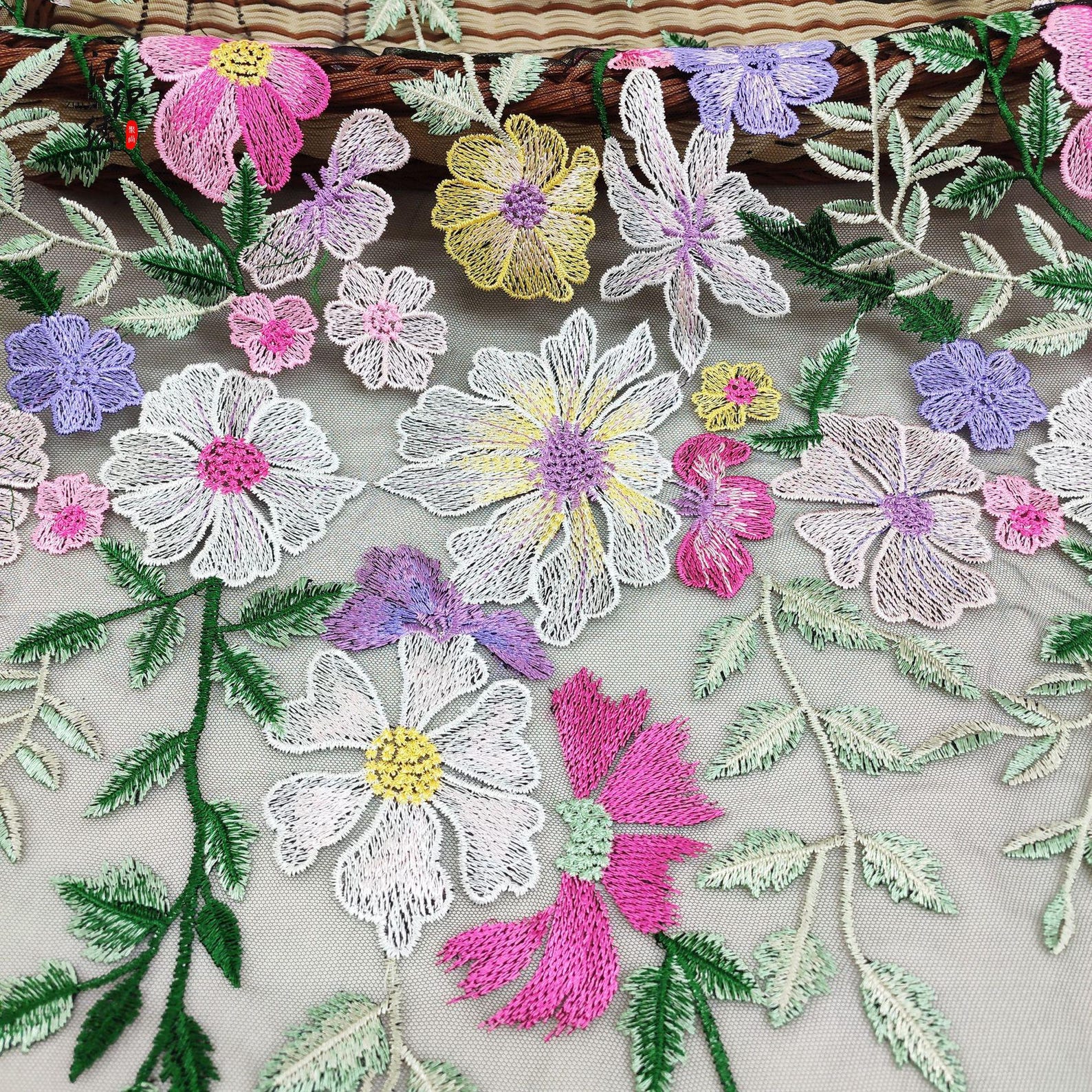 New Floral Leaf Embroidery Tulle Fabric,vivid Flowers Floral Fabric for ...