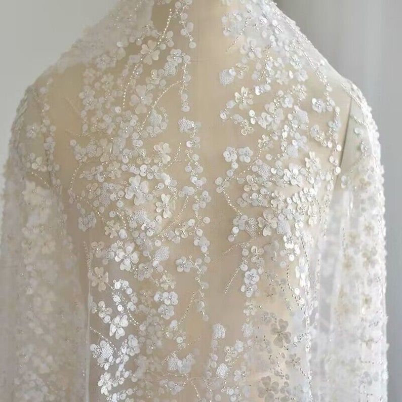 Gorgeous 3D Flower Beaded Lace Fabric,white Pearl Wedding Dress,floral ...