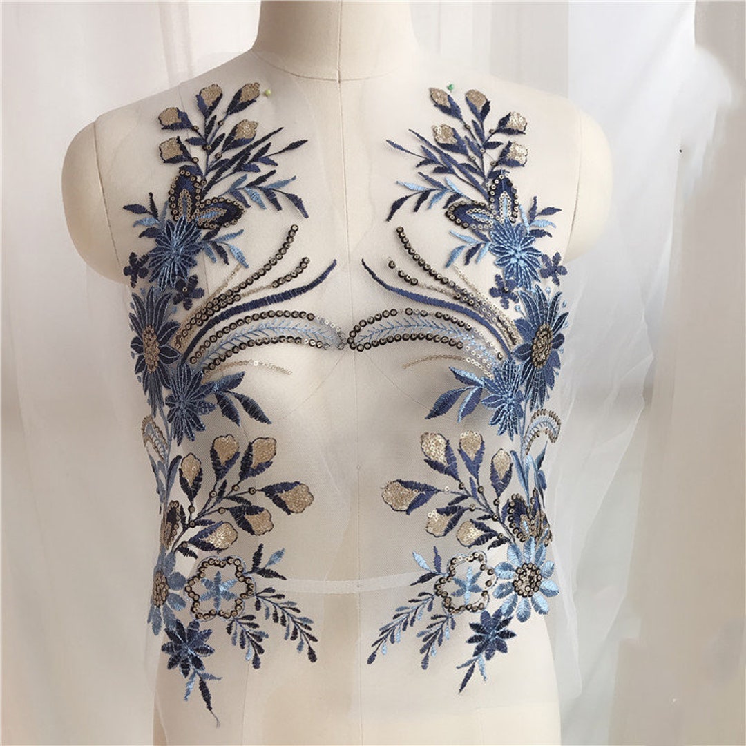 Nave Blue Flower Lace Applique Flower Vine Patch With Sequined ...