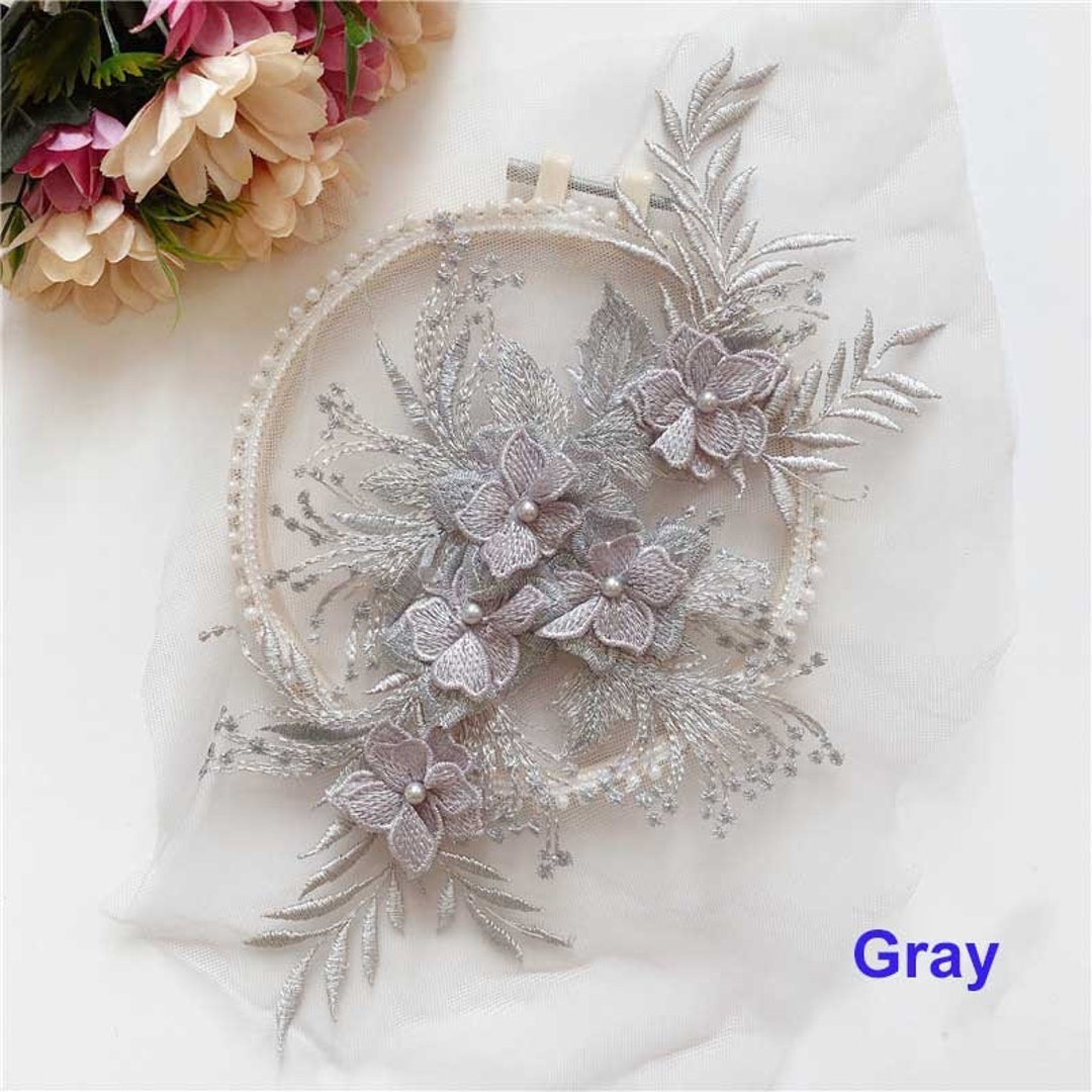 Silver Gray 3D Floral Beaded Rhinestones Lace Applique , Embroidered ...