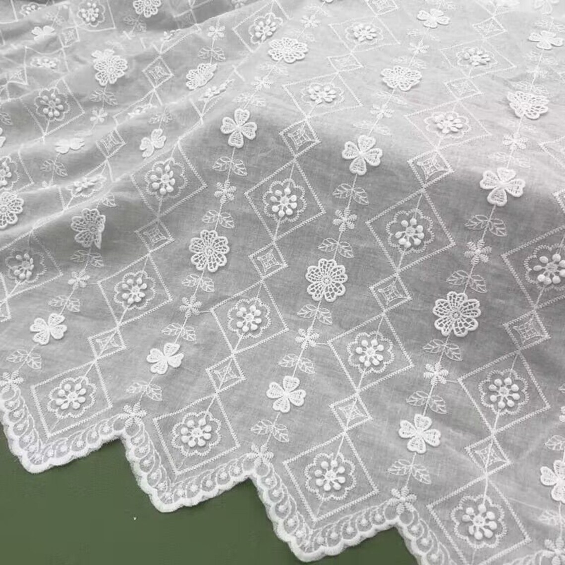 Ecru Cotton Eyelet Lace Fabric With Retro Floral Pattern by - Etsy
