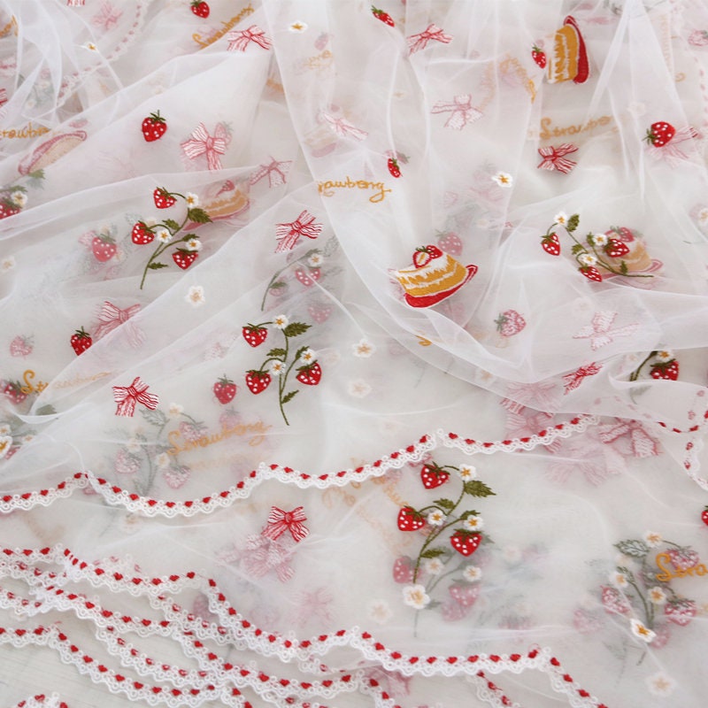 Strawberry Cake Pattern Soft Tulle Embroidered Bilateral Scalloped ...