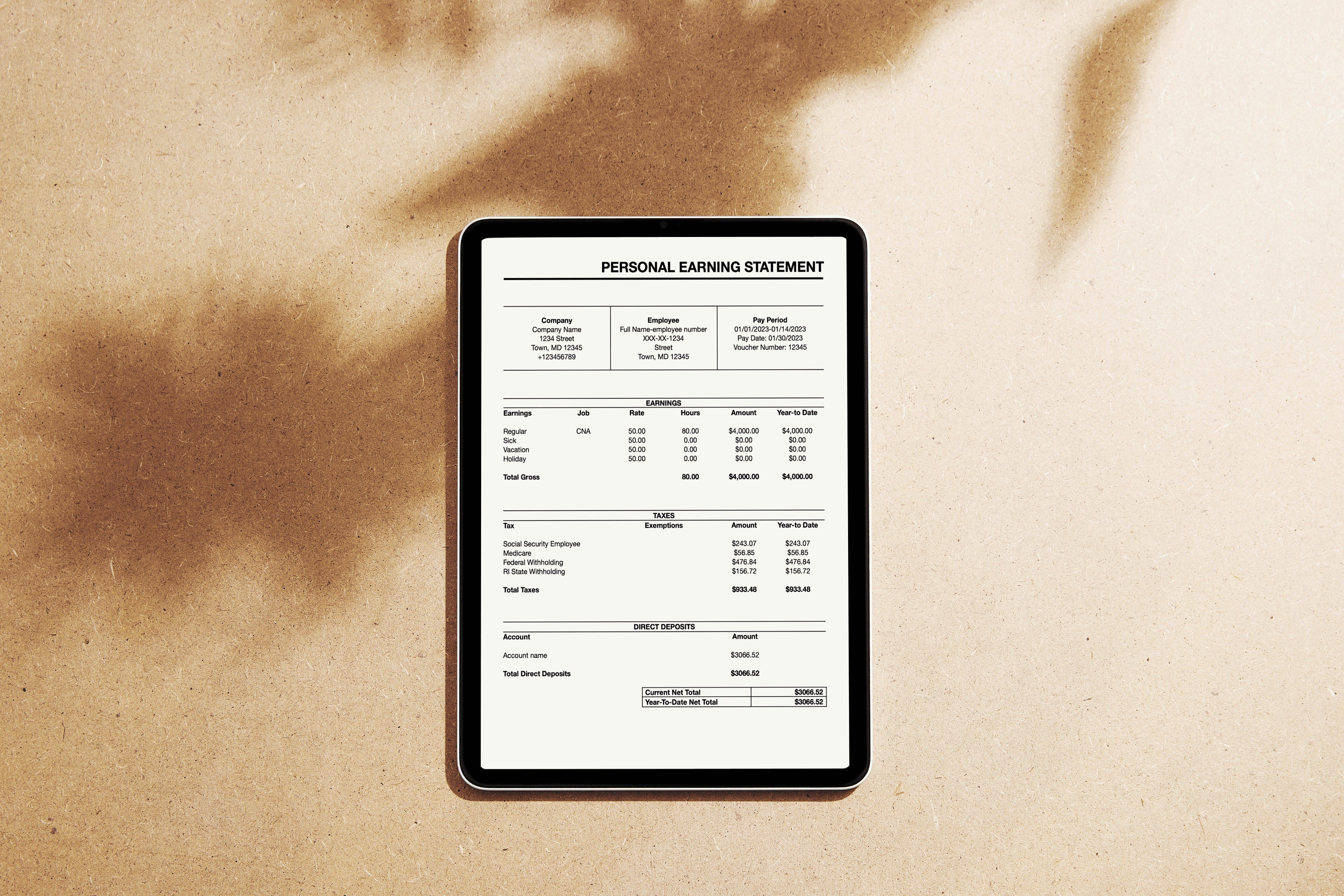 Simple Personal Earning Statement Template, Pay Stub Form, Pay Record ...