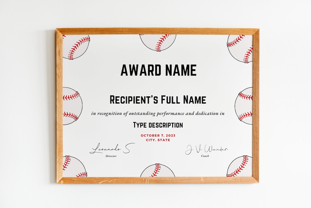 Editable Baseball Award Certificate Template, Printable Sport Award ...