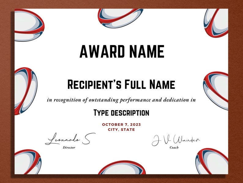 Customizable Rugby Award Certificate Template, Printable Sport Award ...