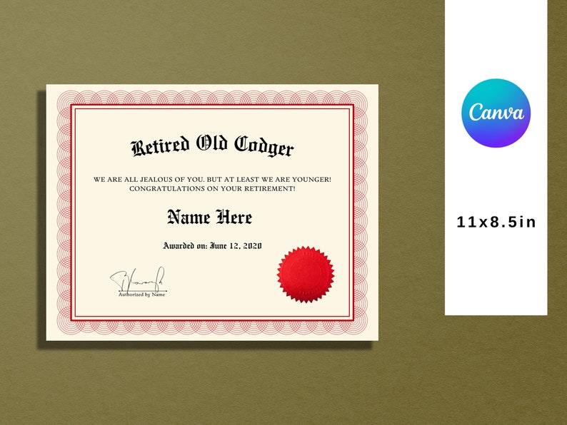 Retired Old Codger Certificate, Funny Retirement Gift , Editable and ...