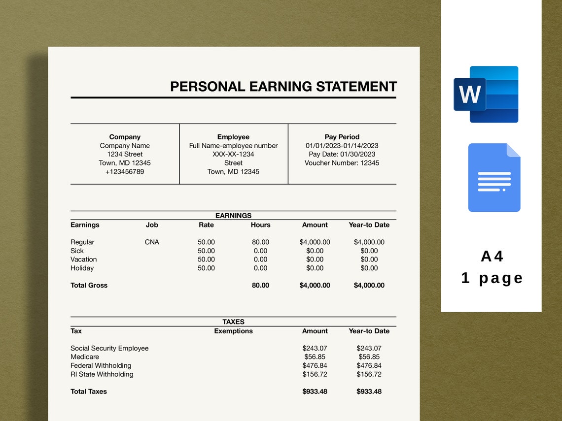 Simple Personal Earning Statement Template, Pay Stub Form, Pay Record ...