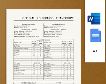 Fillable Printable High School Transcript Template Homeschool - Etsy