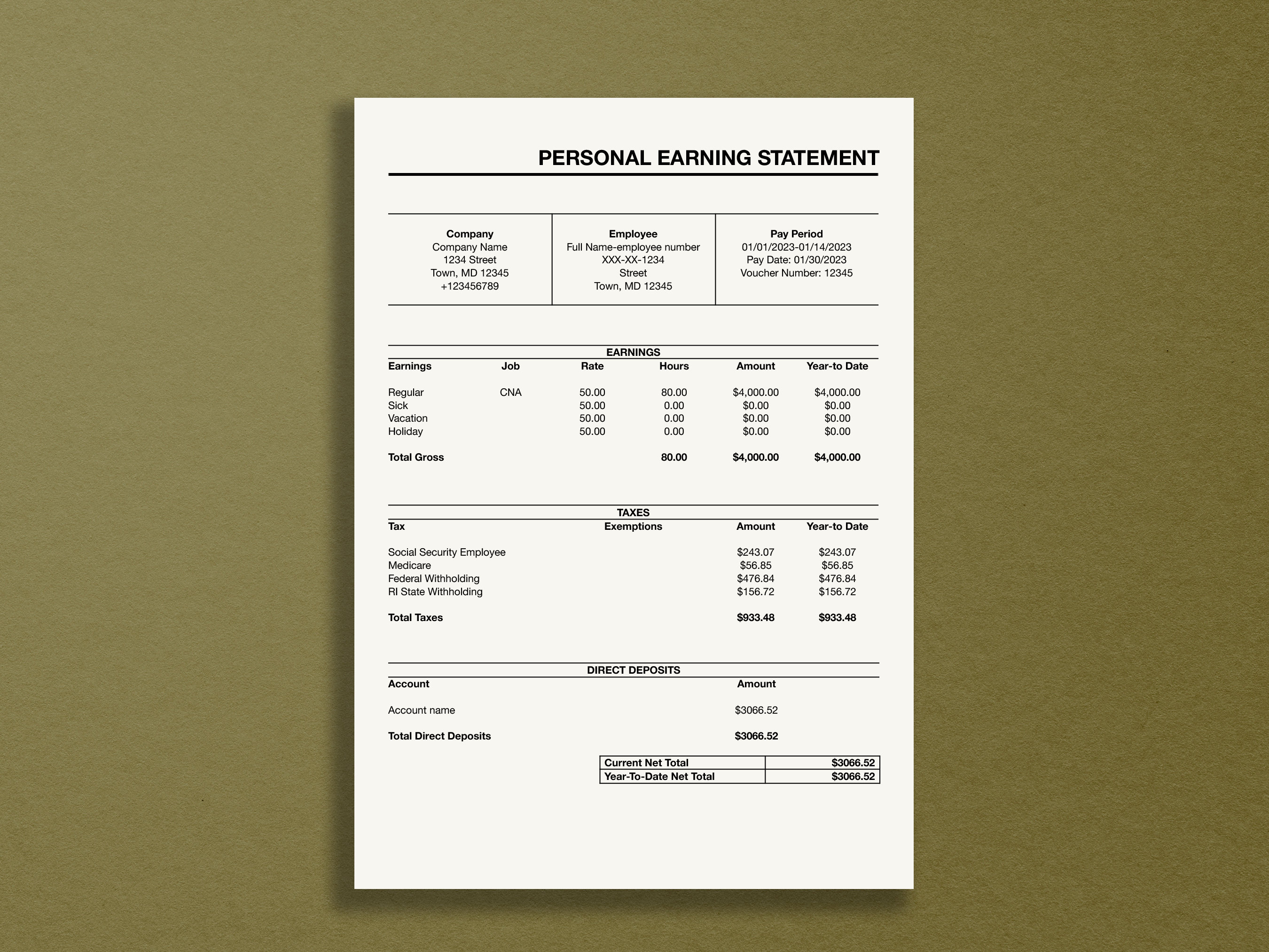 Simple Personal Earning Statement Template, Pay Stub Form, Pay Record ...