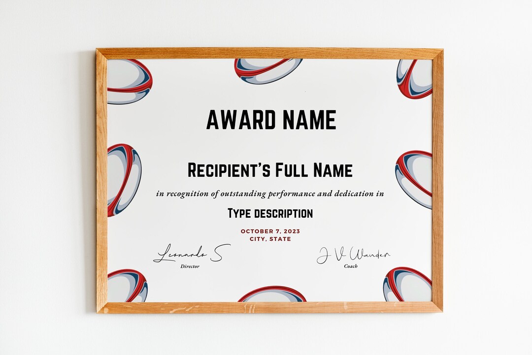 Customizable Rugby Award Certificate Template, Printable Sport Award ...