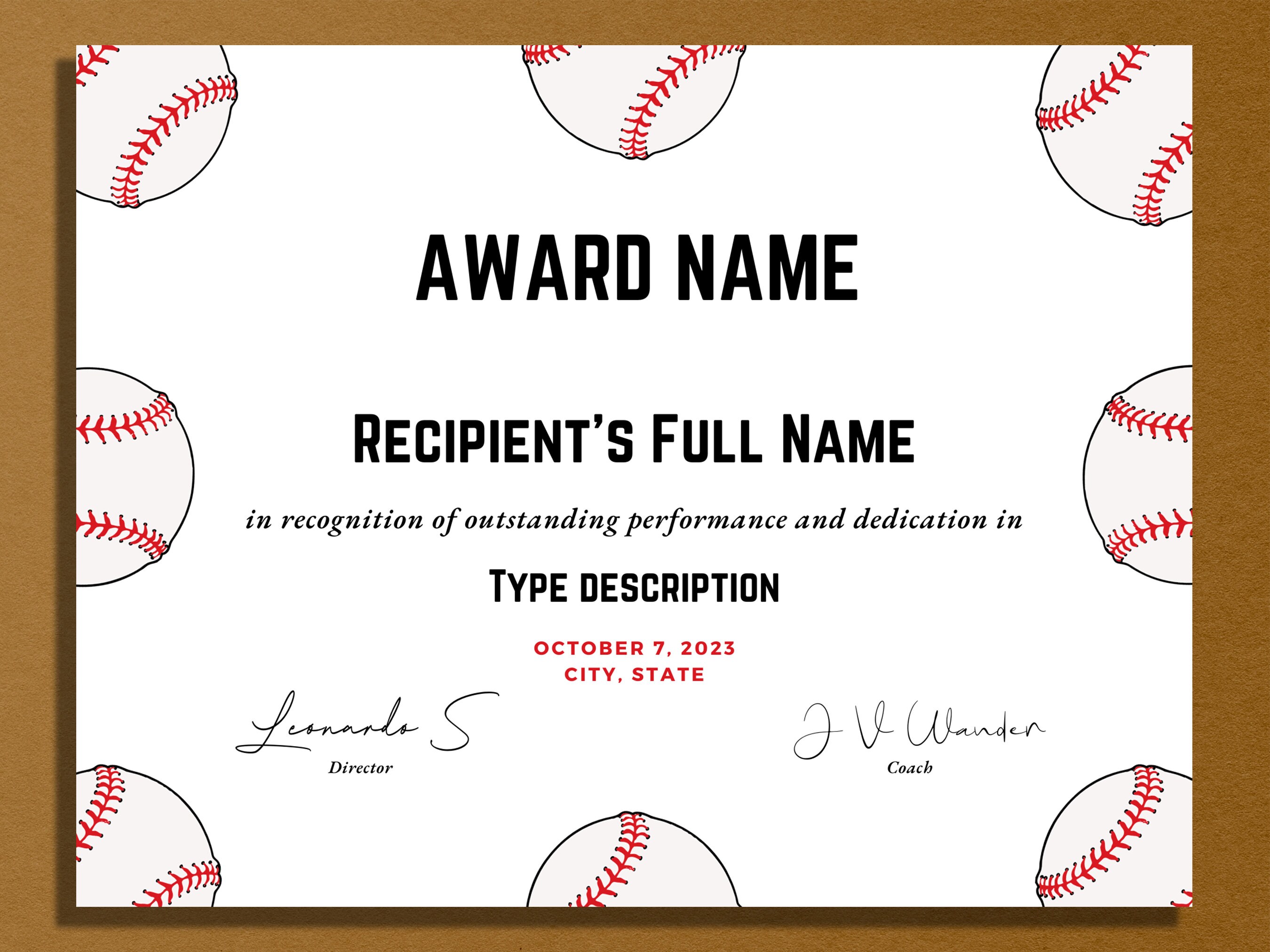 Editable Baseball Award Certificate Template, Printable Sport Award ...