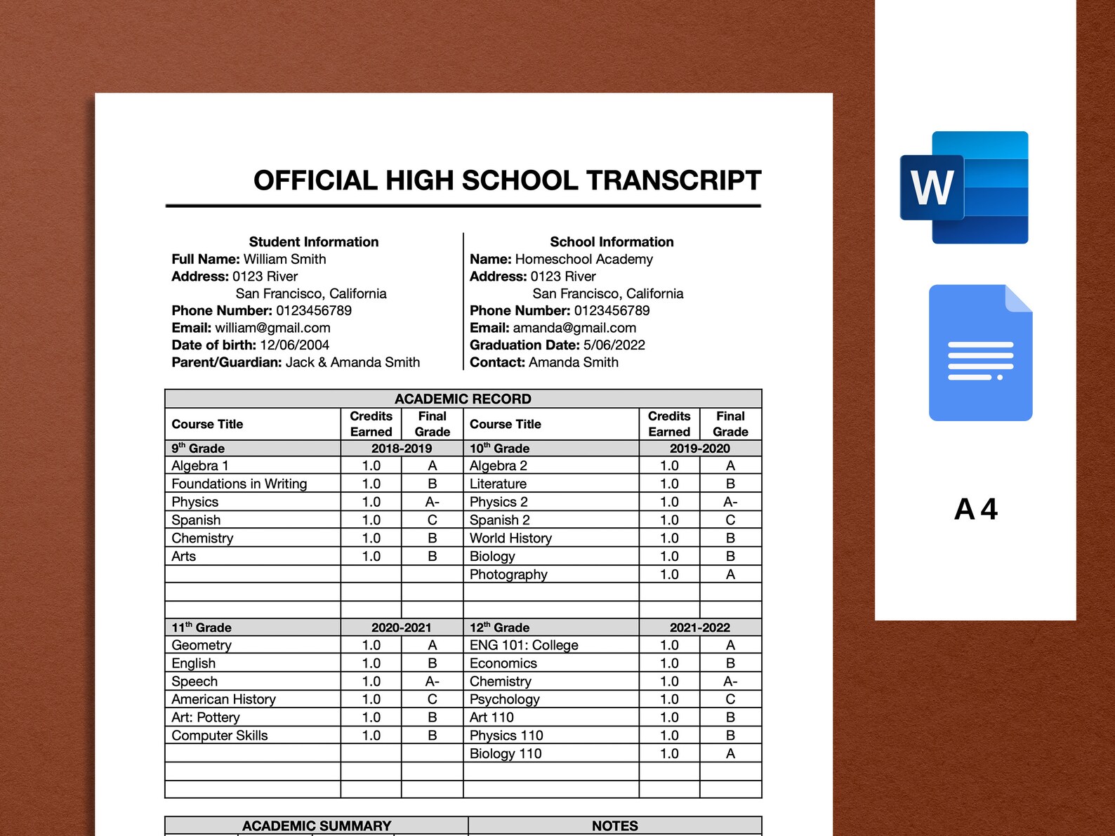 Fillable Printable High School Transcript Template, MS Word Simple ...