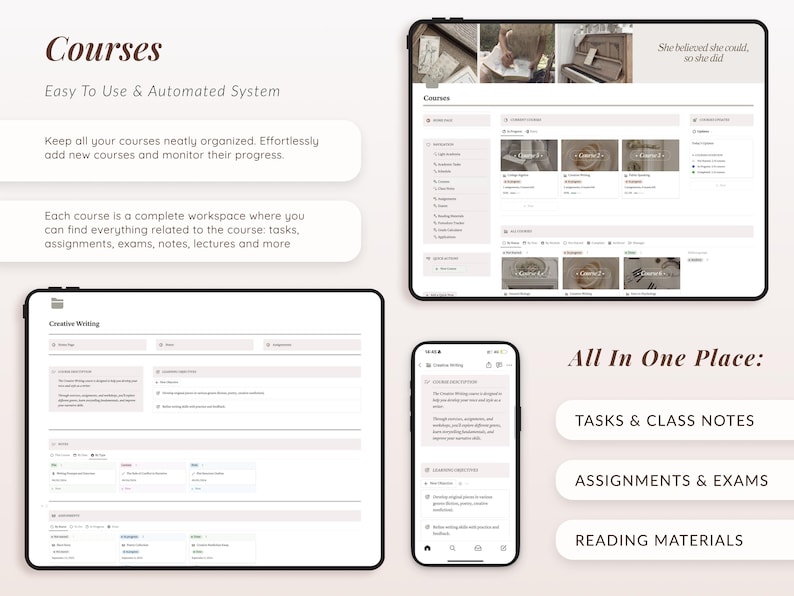 Plantilla de Notion de Light Academia, Planificador estudiantil de Notion, Planificador ...