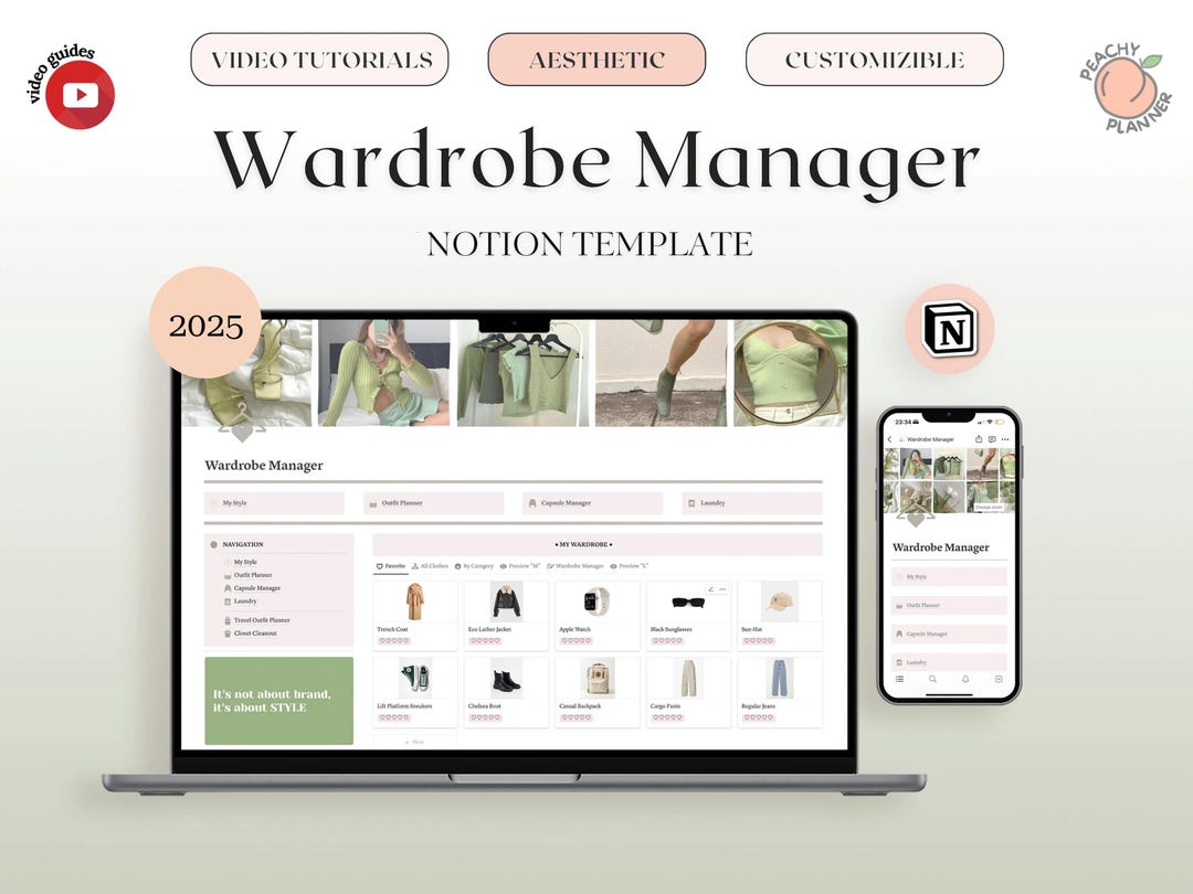 Wardrobe & Clothes Manager Notion Template, Outfit Planner, Aesthetic ...