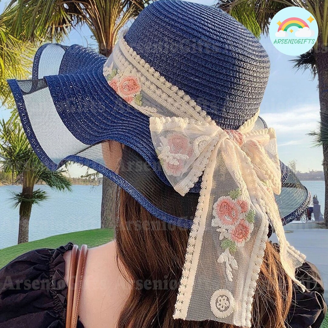 Flower Lace Pearl Ribbon Sun Hat, Seaside Holiday Lace Sun Hat, Summer ...