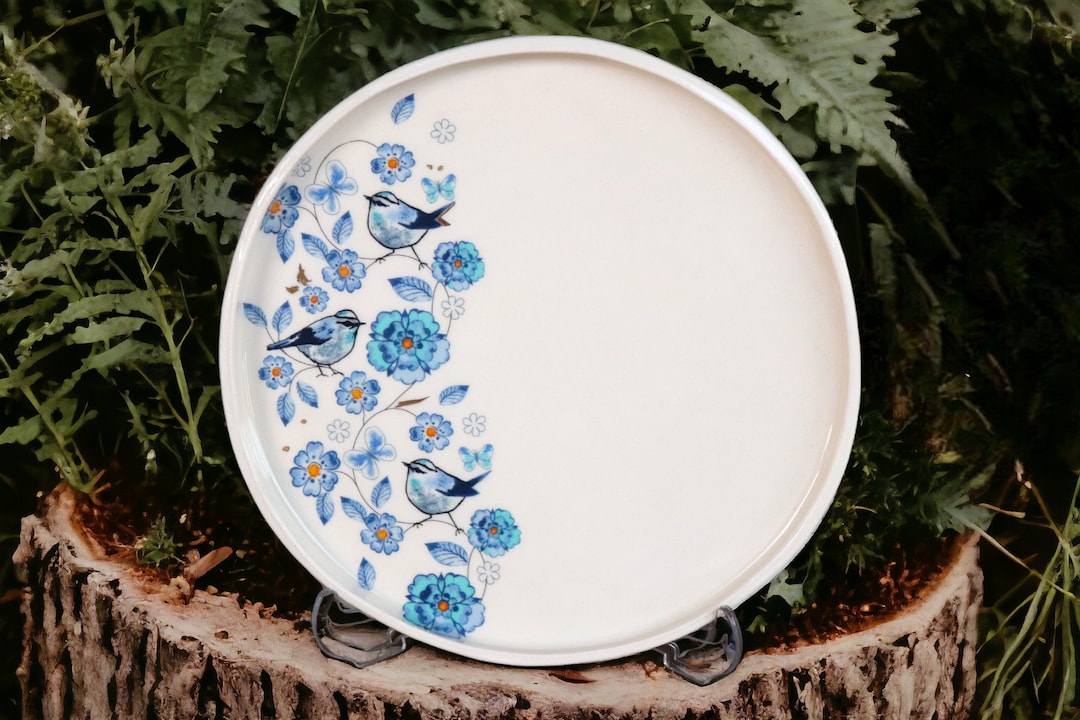 Floral Bird Pattern Ceramic Plate 8" - Hand-painted Tableware, Blue ...