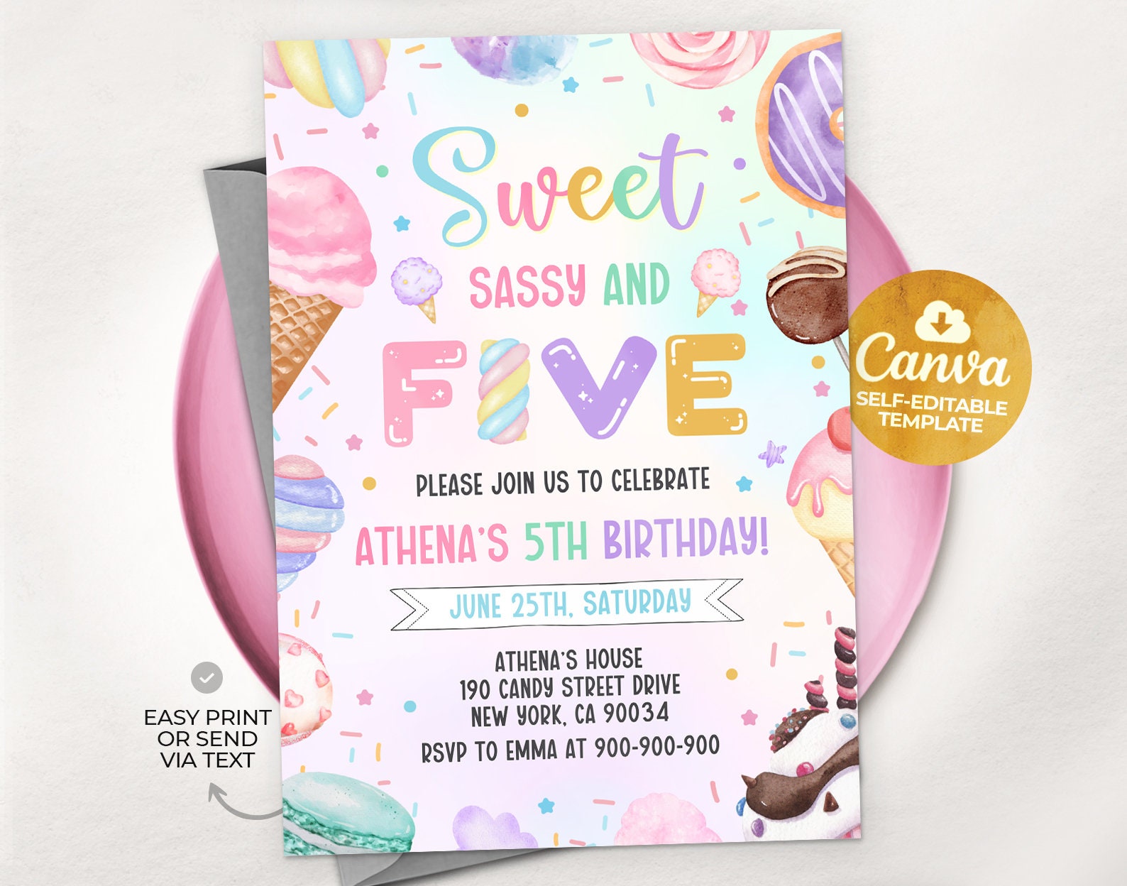 Sweet Sassy and Five Birthday Invitation, 5th Birthday Girl Donut ...