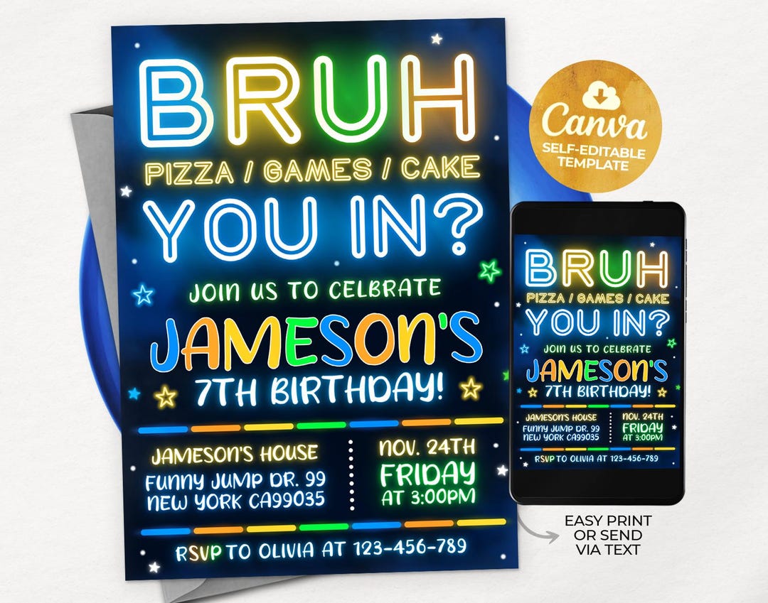 Bruh Birthday Invitation, Boy Birthday Invitation, Neon Bruh Birthday ...