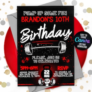 Fitness Birthday Invitation, Workout Party, Weights Gym Party, Editable ...