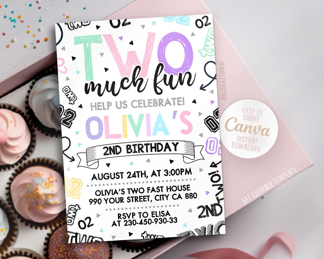Editable TWO MUCH FUN Birthday Invitation, 2nd Birthday Invitation ...