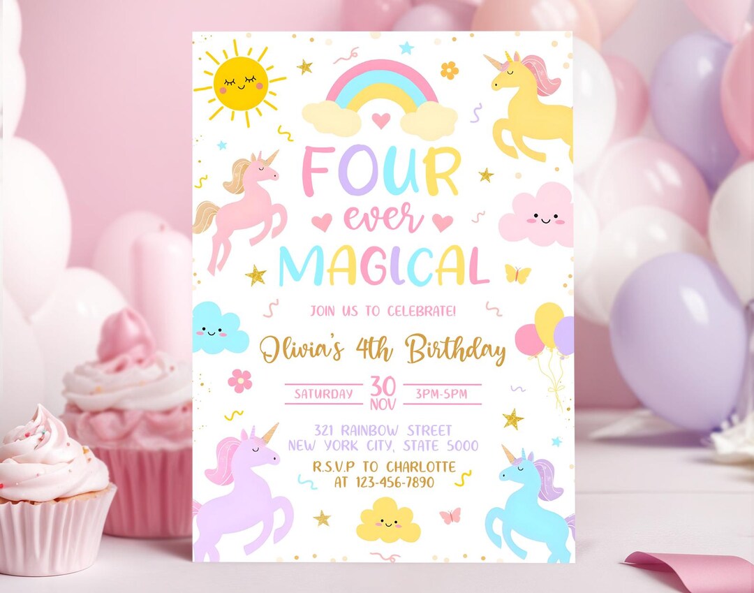 4th Birthday Invitation Four Ever Magical Party Invite Girl Pastel ...