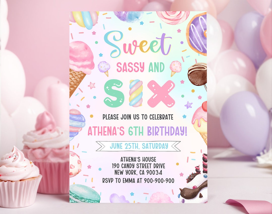 Sweet Sassy and SIX, 6th Girl Birthday Invitation, Cotton Candy Sweets ...