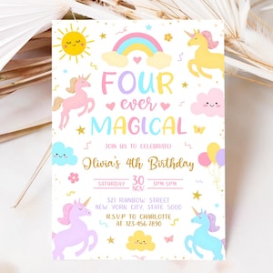 4th Birthday Invitation Four Ever Magical Party Invite Girl Pastel ...