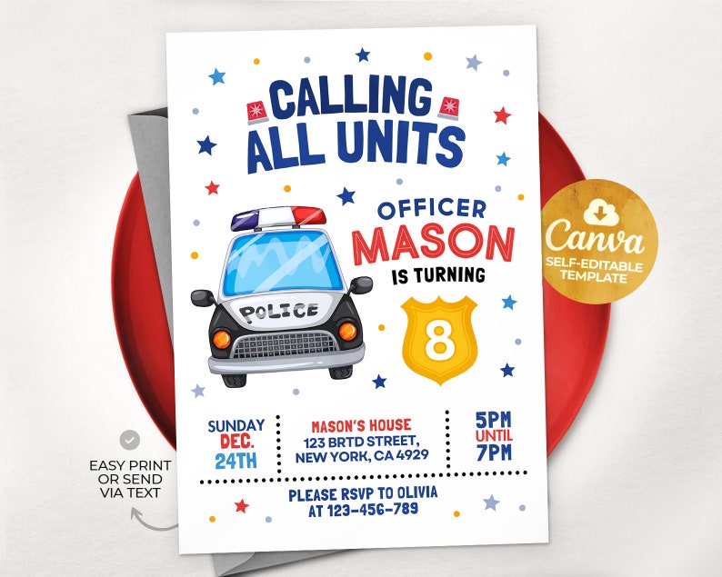 Police Birthday Invitation, Boy Birthday Invitation Police Officer ...