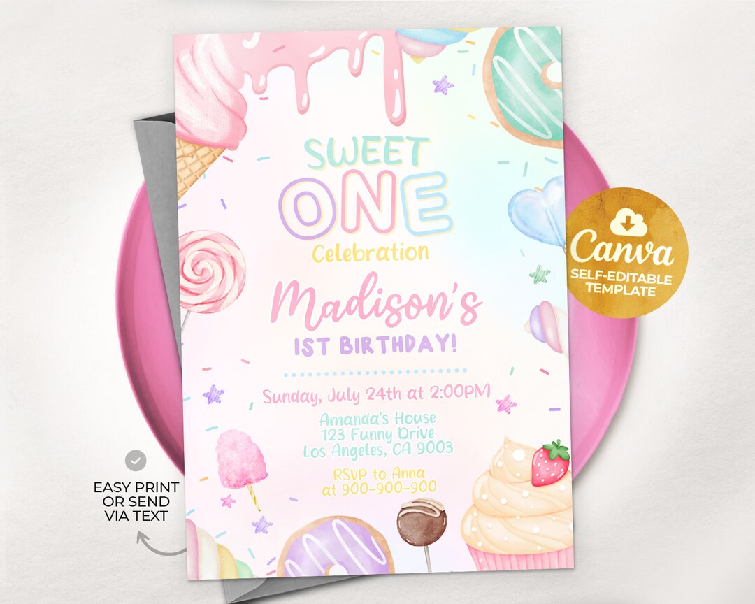 Sweet One Birthday Invitation Pastel Sweets Invite Donut Candy Ice ...